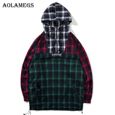 Aolamegs Hoodies Men Patchwork Plaid Thin Hooded Pullover High Street