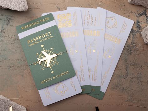 Sage Green Passport Wedding Invitation With Gold Foil Printed And