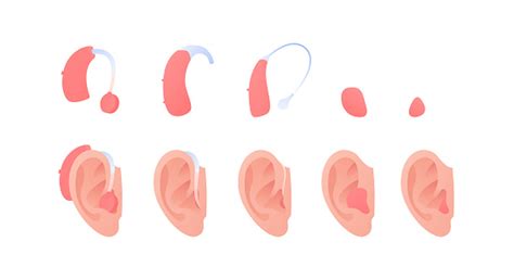 청각 장애인과 원조 개념을 들을 수 있습니다 벡터 플랫 일러스트 세트입니다 흰색에 고립 된 인간의 귀에 삽입 보청기 장치의