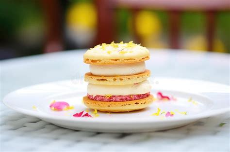 Raspberry Macaron Sandwich With Vanilla Ice Cream Filling Stock Image