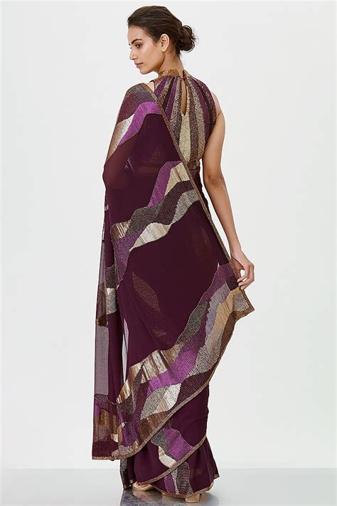 Aubergine Embroidered Saree Set By Nakul Sen At Pernias Pop Up Shop 2024