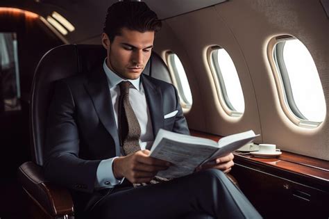 Premium AI Image Businessman In A Suit Sitting On A Plane Reading The Newspaper