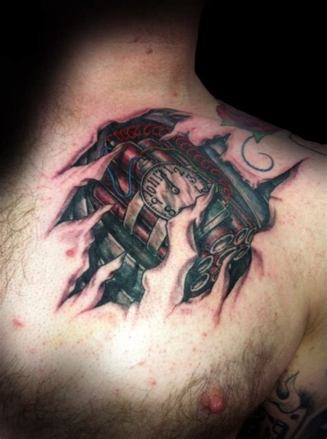 3d Natural Looking Colored Under Skin Chest Tattoo Of Explosives With