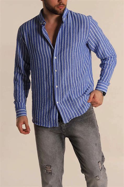 Saks Mavisi Relaxed Fit Çizgili Uzun Kollu Erkek Keten Gömlek 275660