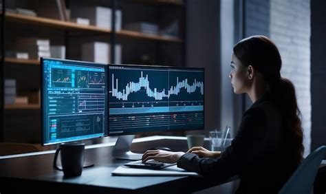 Premium Photo Businesswoman Working On Laptop In Dark Office Cloud Computing Concept