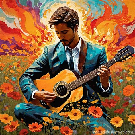 Man Plays Guitar In Field Of Flowers Stable Diffusion Online
