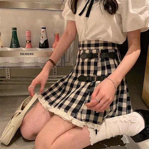 Houzhou Kawaii Plaid Skirt Women Korean High Waist Grandado