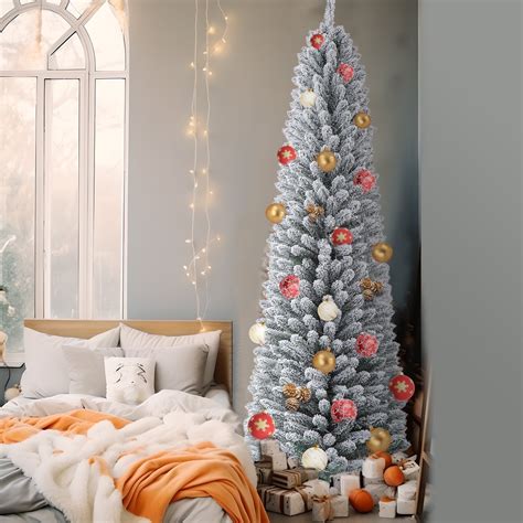 Seizeen 7ft Pre Lit Pencil Christmas Tree Snow Flocked 150 Led Lights