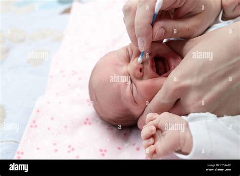 Mother Cleaning Baby Nose With Cotton Swab Stock Photo Alamy