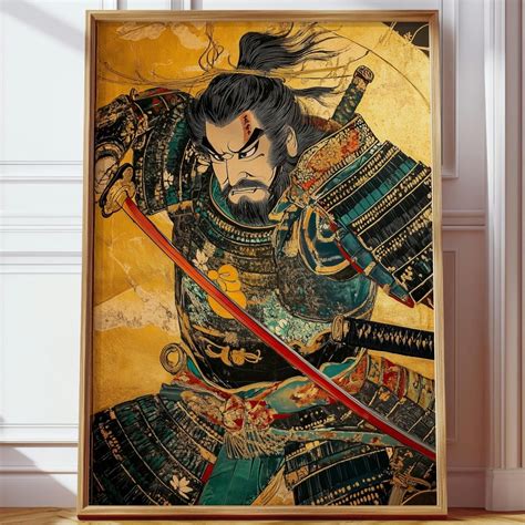 Japanese Samurai Golden Art Print Ukiyo E Warrior Poster Luxury