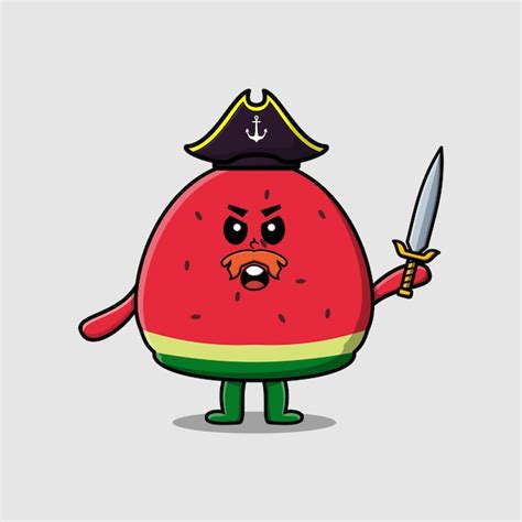 현대적인 디자인으로 모자를 쓰고 칼을 들고 있는 귀여운 만화 마스코트 캐릭터 수박 해적 프리미엄 벡터