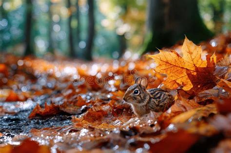 Tiny Chipmunk Hiding In Autumn Leaves In Forest Stock Image Image Of