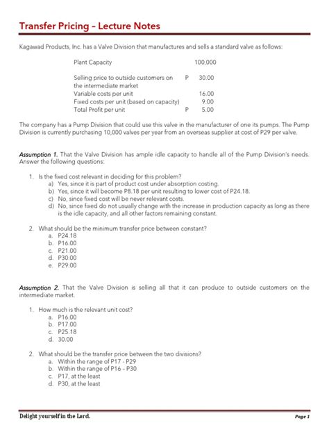 Transfer Pricing Lecture Notes Pdf Cost Pricing