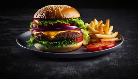 Premium Ai Image Front View Yummy Meat Cheeseburger With French Fries