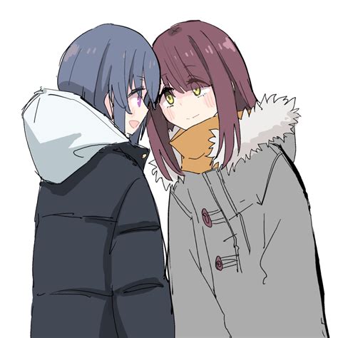 Safebooru 2girls Blue Hair Blush Brown Hair Closed Mouth Hair Between