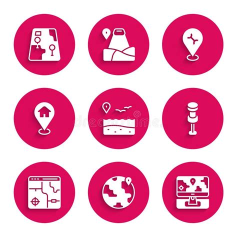 Set Location With Beach The Globe Monitor Location Marker Push Pin Infographic Of City Map