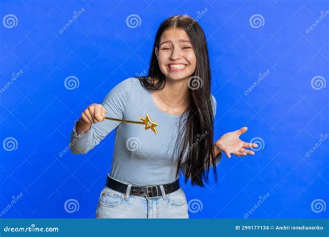 Magician Witch Young Woman Gesturing With Magic Wand Making Wish Come