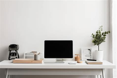 Premium Ai Image A Close Up Of A Minimalist Workstation Featuring A Computer With A Blank