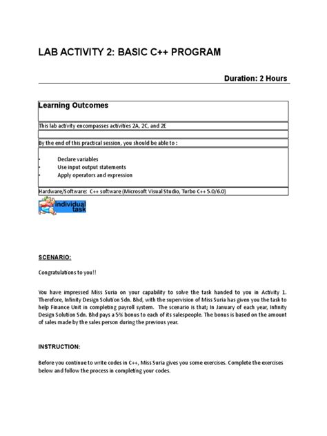 Lab Activity 2 Basic C Program Duration 2 Hours Pdf C Integer Computer Science