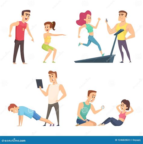 Gym Training Set Of Cartoon Sport Characters Stock Vector