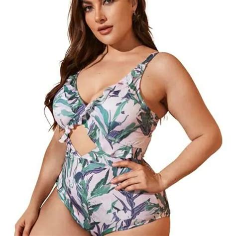 Buy Plus Curvves Leaf Printed Hollow Belly One Piece Swimsuit Plus Size