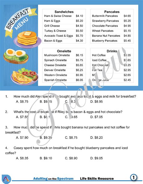 Money Math Life Skills Worksheet Level 1 Reading Menus Worksheets