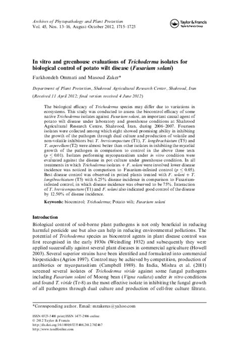 Pdf In Vitro And Greenhouse Evaluations Of Trichoderma Isolates For Biological Control Of