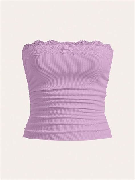Soly Hux Womens Lace Trim Ruched Bandeau Crop Tube Tops Bowknot Front