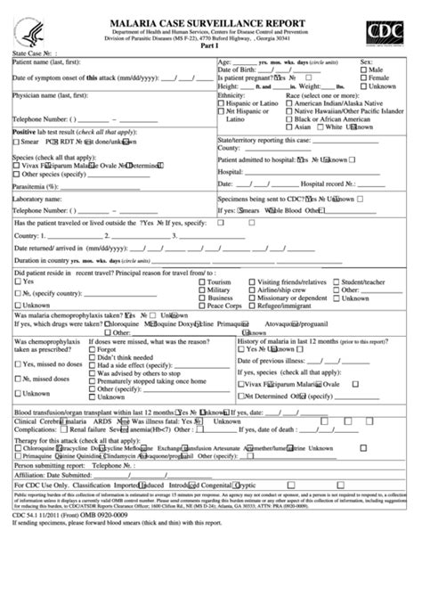 Form Cdc 541 Malaria Case Surveillance Report Printable Pdf Download