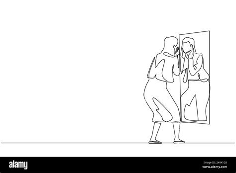 Single One Line Drawing Businesswoman Holding Her Face On Reflection