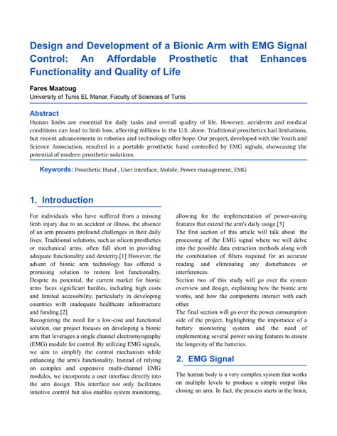 Pdf Design And Development Of A Bionic Arm With Emg Signal Control An Affordable Prosthetic