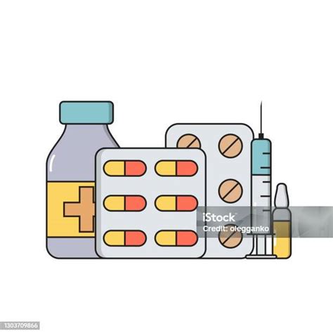 다양한 형태의 의약품 Ampoules 알 약 웹 응용 프로그램 및 모바일 개념에 대 한 흰색 배경에 고립 된 트렌디 한 라인