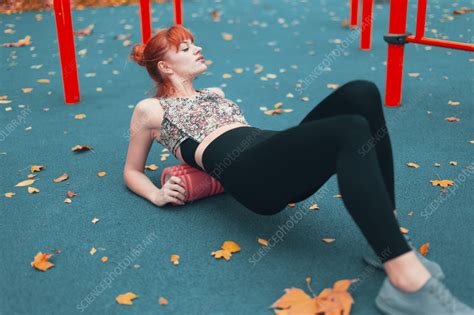Woman Using Foam Roller Outside Stock Image F0419321 Science