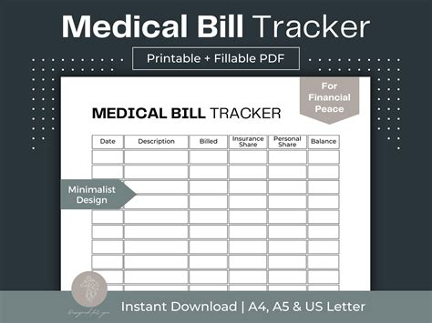 Printable Medical Bill Tracker Fillable PDF Bill Payment Checklist