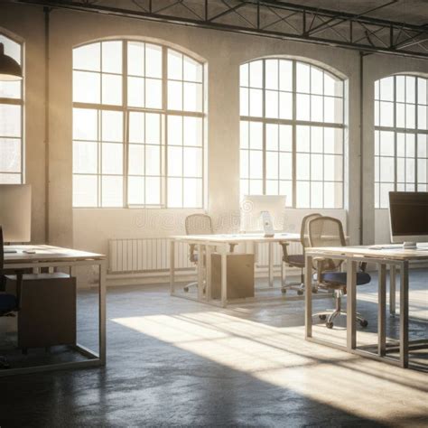 An Industrial Style Office With Large Metal Framed Windows Stock