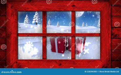 Marco De Ventana De Madera Roja Contra Nieve Cayendo Sobre Iconos De