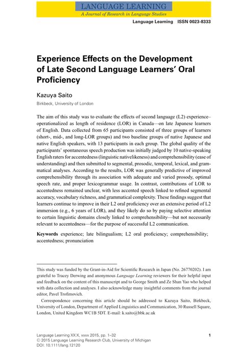 Pdf Experience Effects On The Development Of Late Second Language