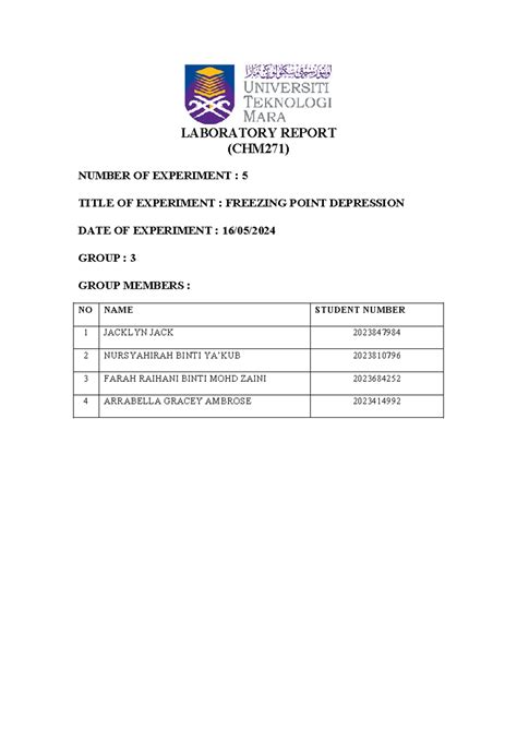 LAB Experiment 5 CHM271 LABORATORY REPORT CHM271 NUMBER OF EXPERIMENT 5 TITLE OF