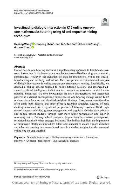 Pdf Investigating Dialogic Interaction In K12 Online One On One Mathematics Tutoring Using Ai