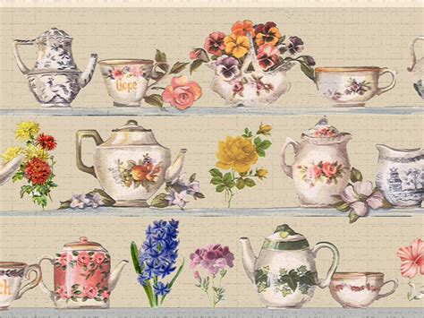 Flowers Teapots Peel And Stick Wallpaper Border 15x7 Roll 15 Ft X