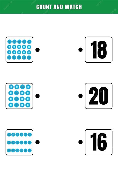 숫자를 세고 짝을 맞추는 어린이를 위한 교육용 수학 게임 미취학 아동을 위한 인쇄 가능한 워크시트 디자인 프리미엄 벡터