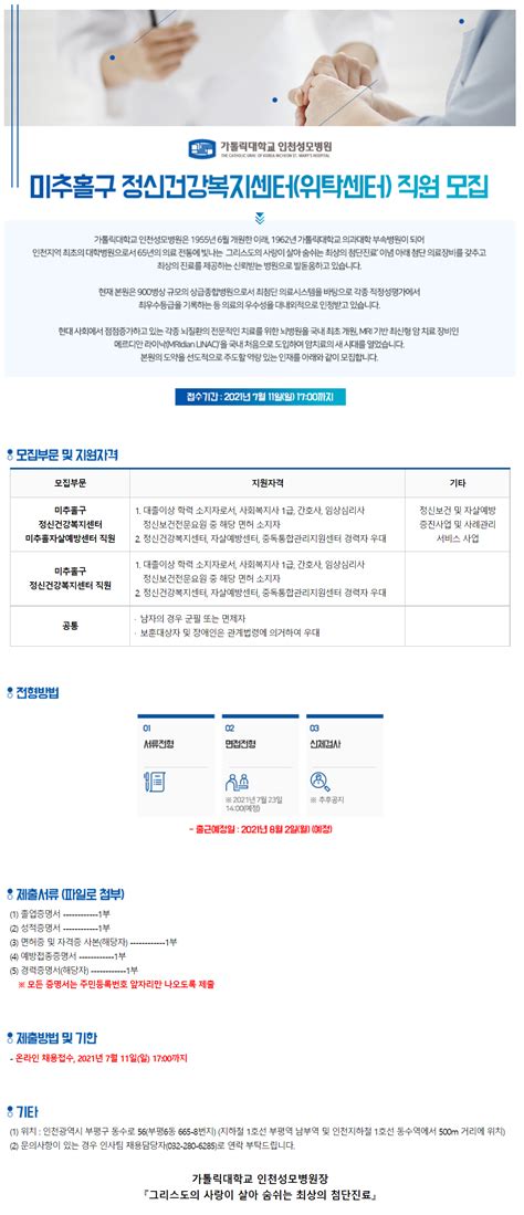 가톨릭대학교 인천성모병원 채용공고 미추홀구 정신건강복지센터위탁센터 직원 모집 2021년 채용