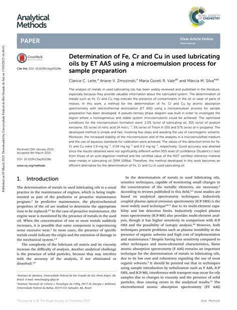 Pdf Determination Of Fe Cr And Cu In Used Lubricating Oils By Et Aas Using A Microemulsion