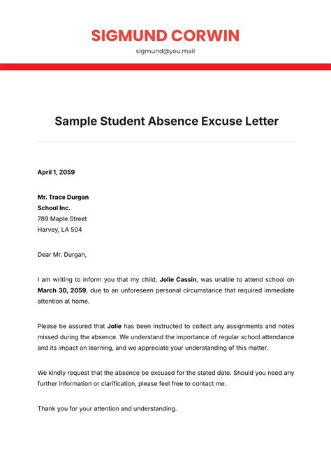 Free School Excuse Letter Format Template To Edit Online