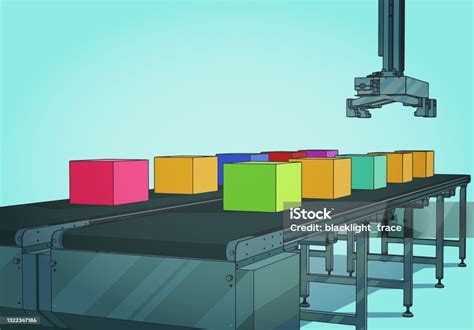 Garis Konveyor Otomatis Dengan Ilustrasi Manipulator Robot Ilustrasi