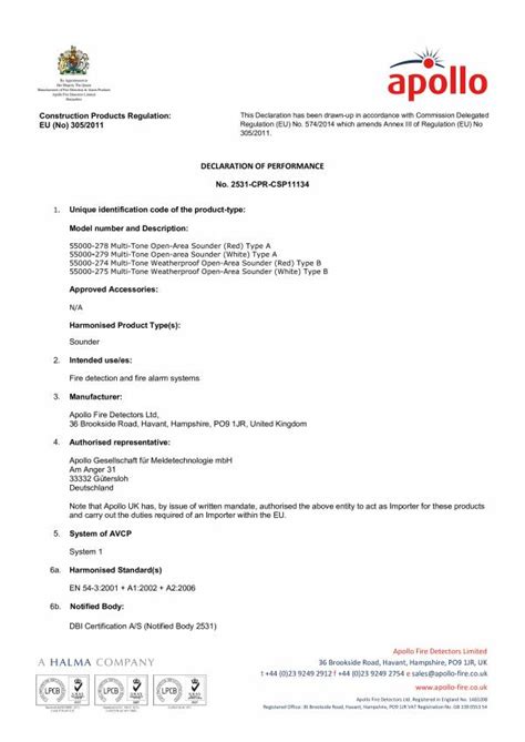 55000 278 Declaration Of Performance N 2531 Cpr Csp11134 Of