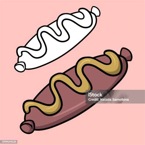 색칠 공부 책 세트 맛있는 육즙이 많은 소시지 겨자로 구워지고 뿌려진 벡터 만화 일러스트 레이 션 0명에 대한 스톡 벡터 아트 및 기타 이미지 Istock
