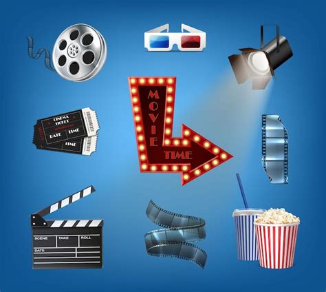 現実的なスタイルのベクトルのアイコン。映画シネマ アイコン、3 D メガネ、テープ、ポップコーン、クラッパー、s のコレクション