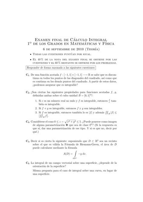 Pdf Examen Final De C Alculo Integral´ De Los Grados En Matem