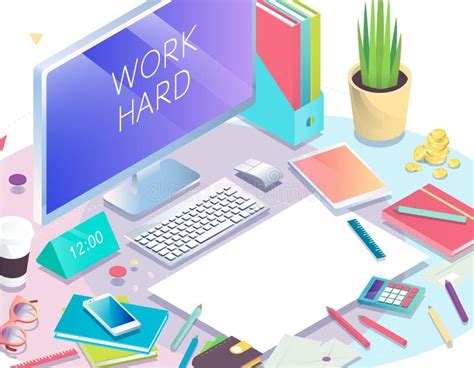 Isometric Concept Of Workplace With Computer And Office Equipment Stock Vector Illustration